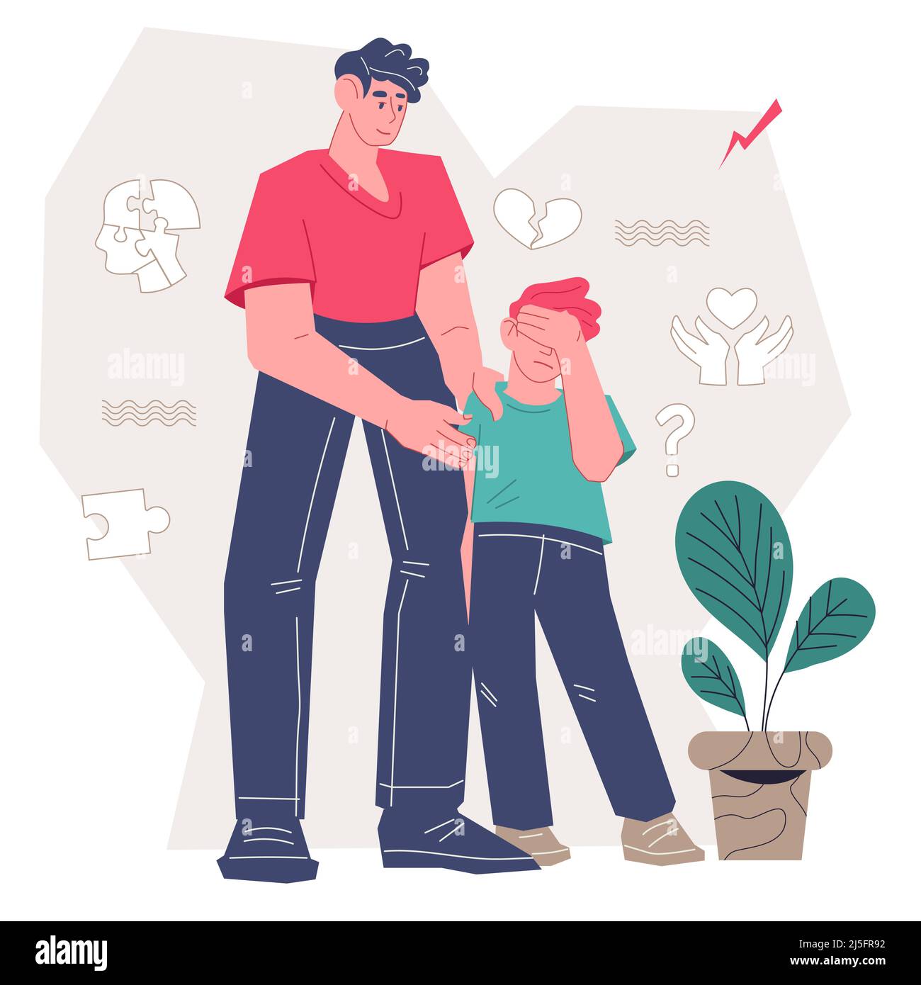 Father supporting and comforting his upset son, flat vector ...