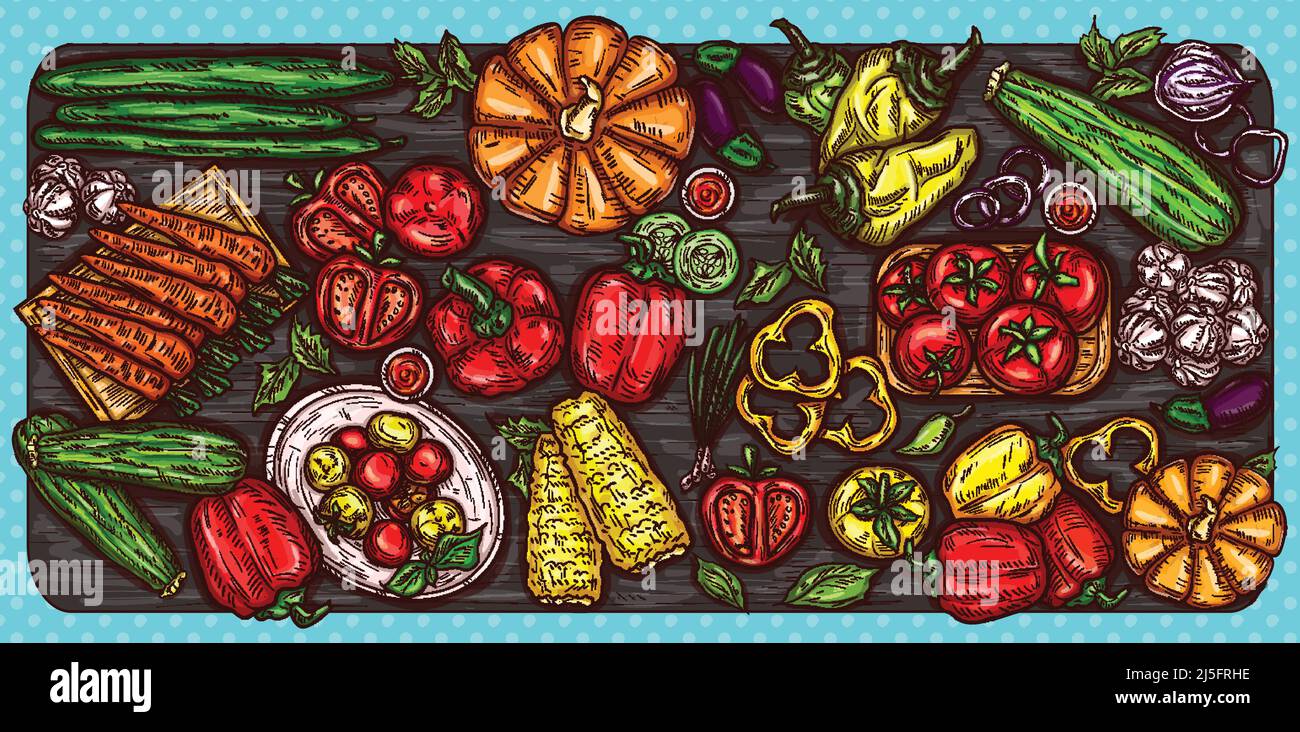 Vector cartoon illustration of various vegetables whole and sliced on a ...