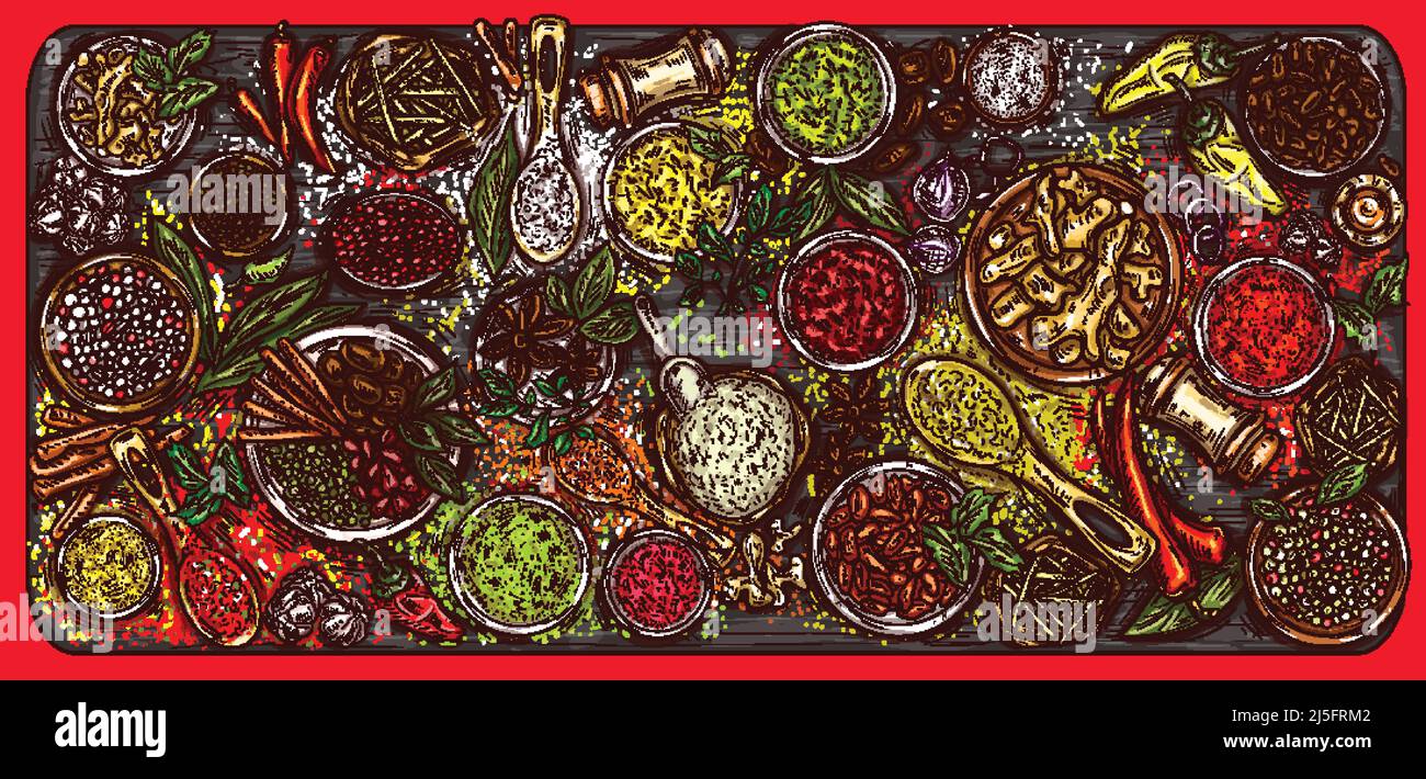 Vector illustration of a variety of spices and herbs on a wooden ...