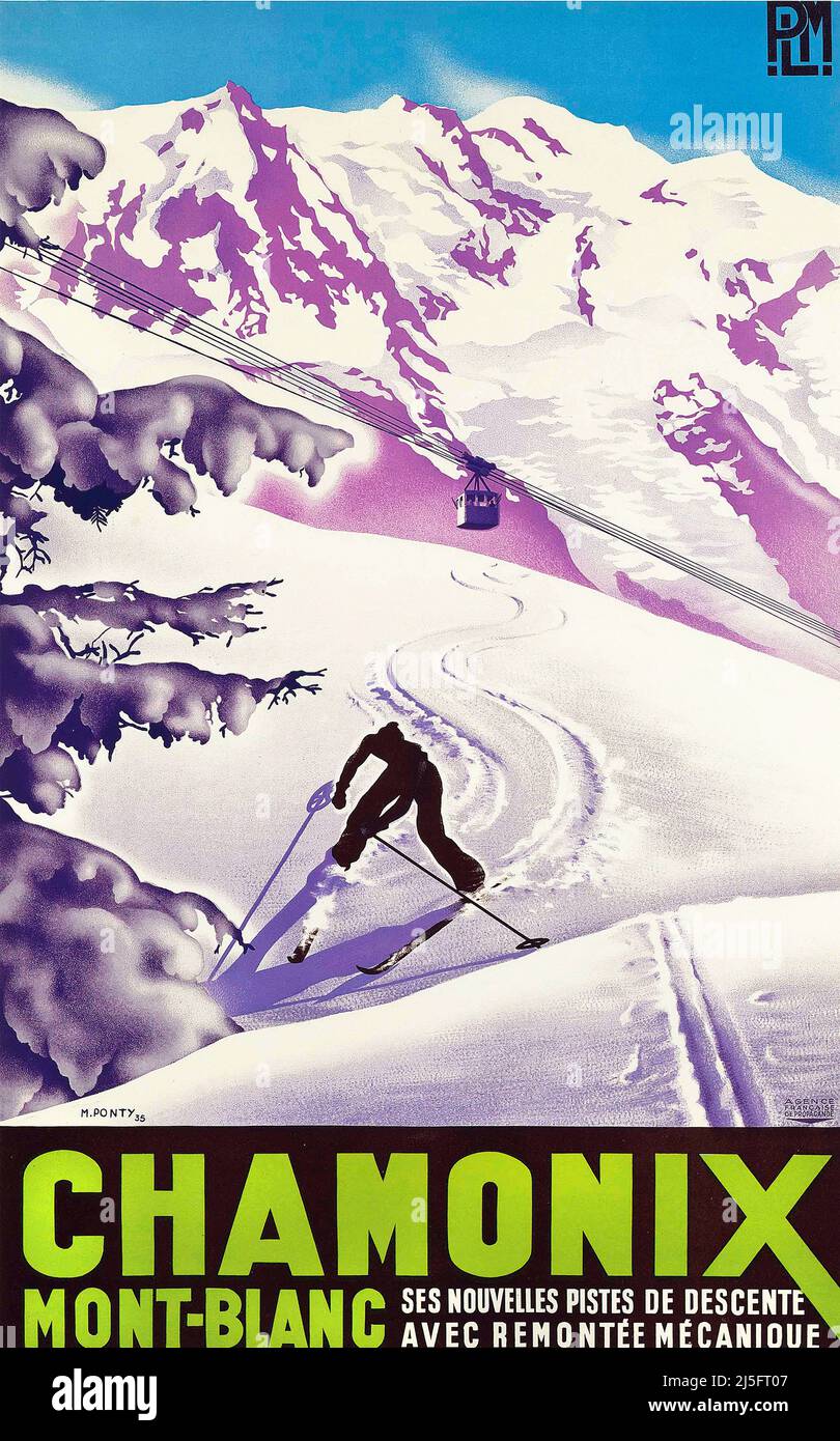 Vintage 1930s French Travel Poster - Chamonix Mont-Blanc , 1935 Stock ...