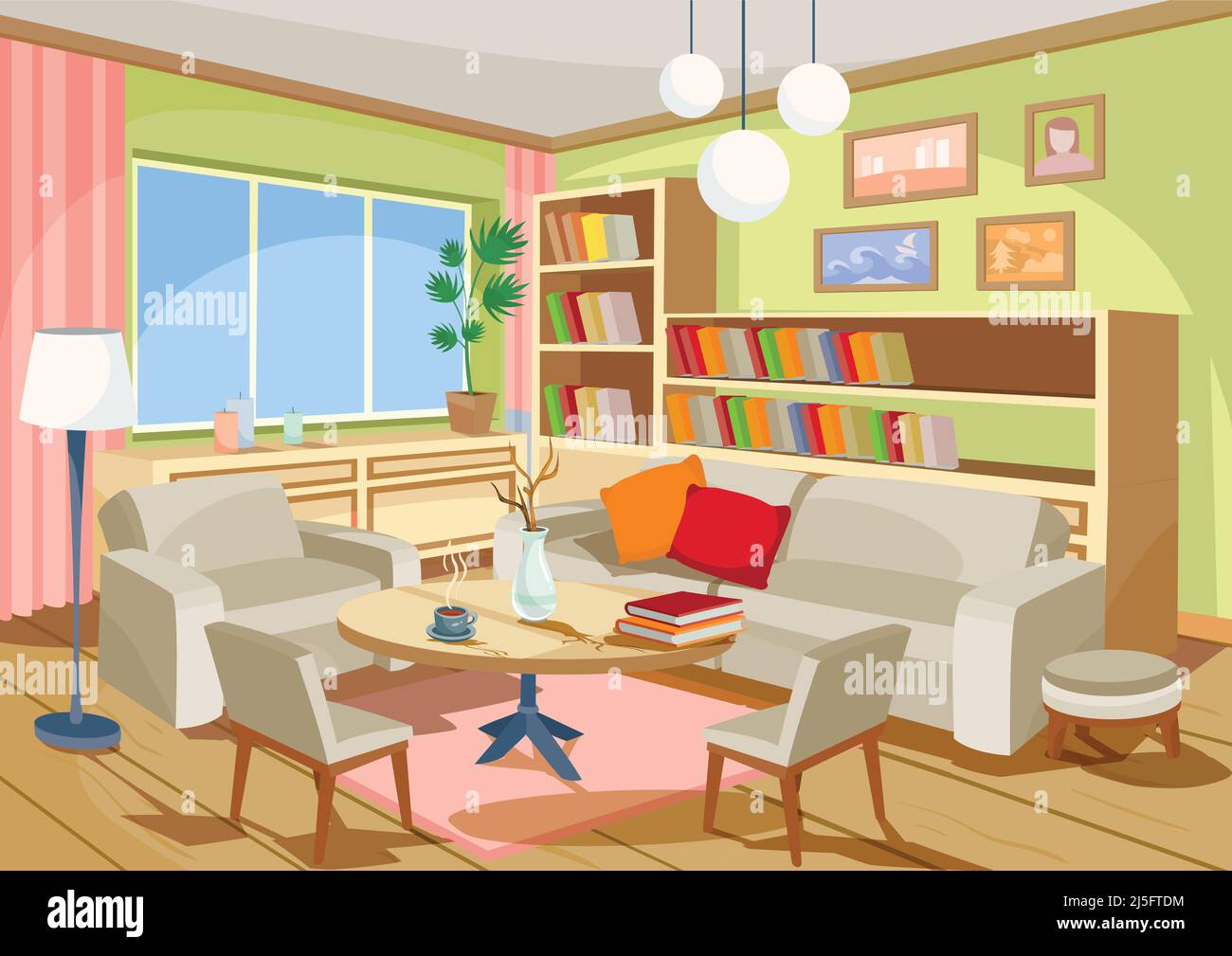 Vector illustration of a cozy cartoon interior of a home room, a living ...