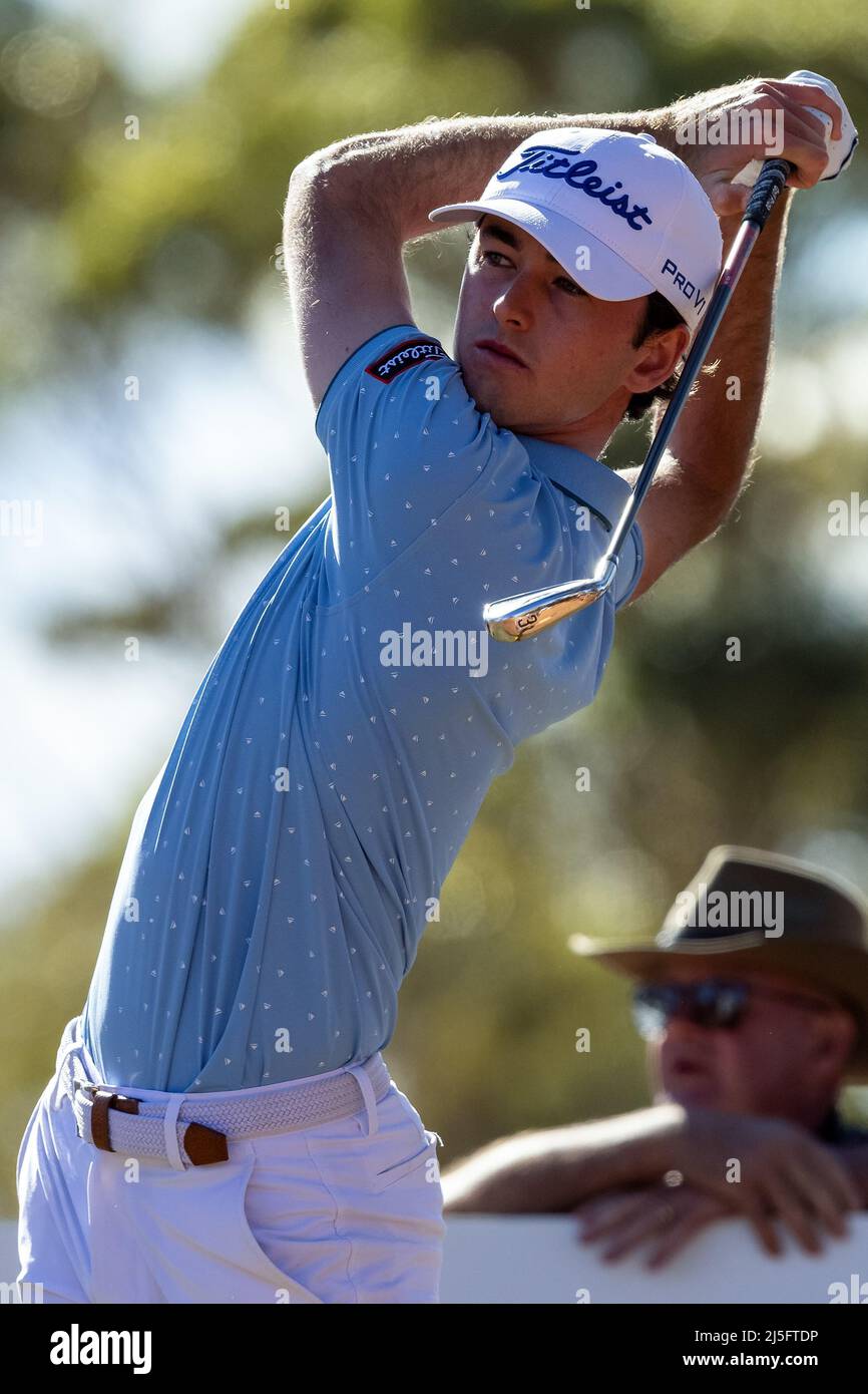 Karlkurla, Australia, 23 April, 2022. Elvis Smylie hits a shot off the ...