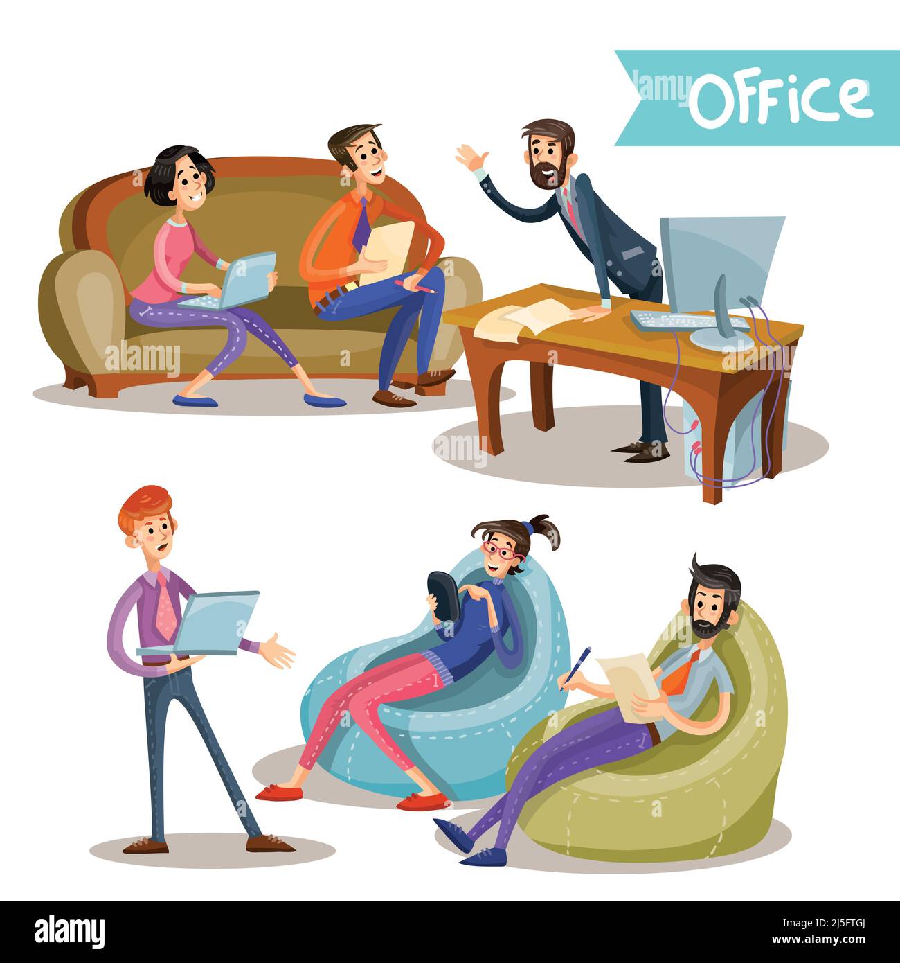 Set of vector illustrations of a leader with subordinates, office ...