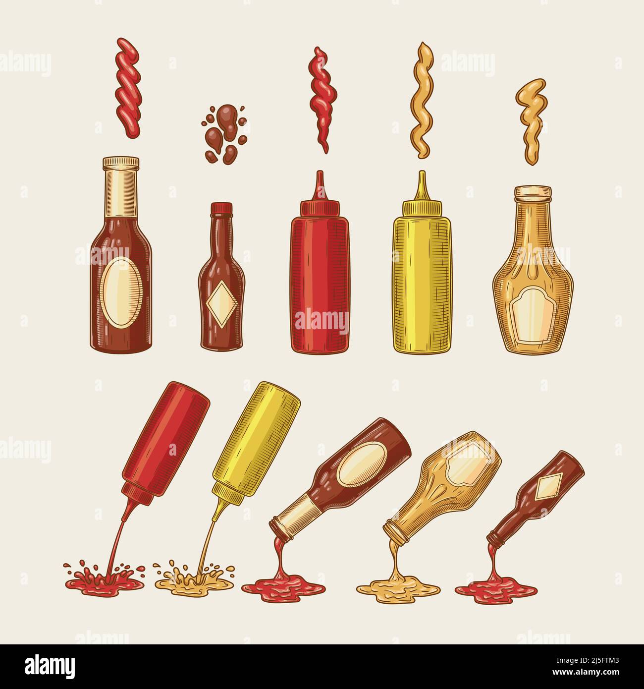 Vector illustration of an engraving style set of different sauces are ...