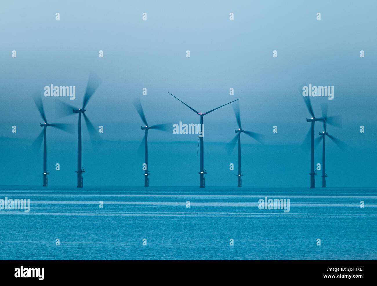 Teesside offshore wind farm, wind turbines in pre dawn light. Redcar ...
