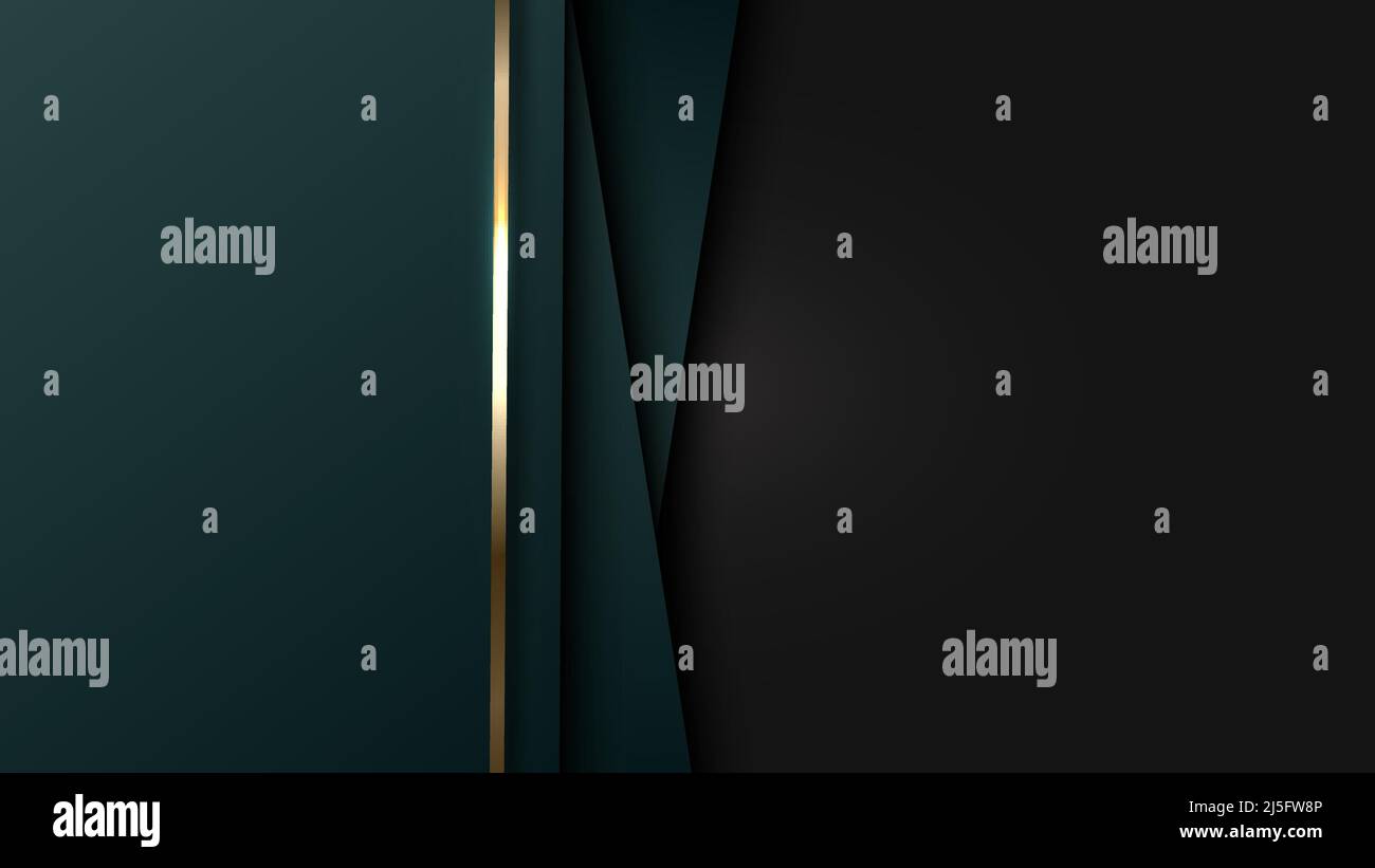 3D elegant abstract background green stripes overlapping layer with shiny golden lines on black ...