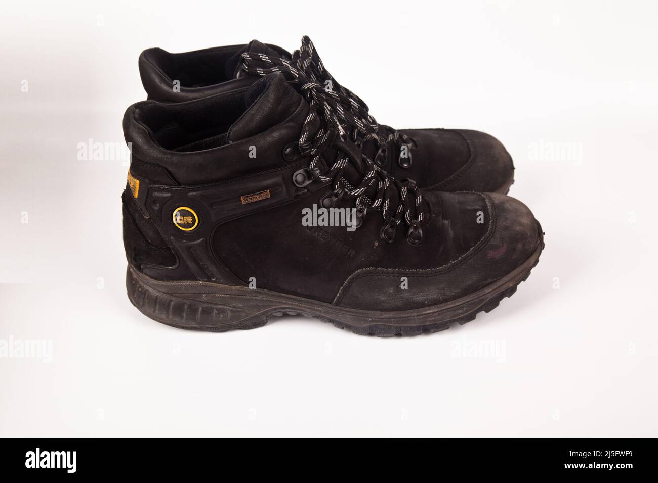 Greyder black hiking shoes and a white background, Sturdy hiking boots ...