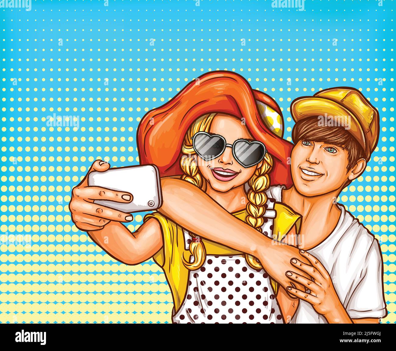 Vector pop art illustration of a young girl and boy hugging and making ...