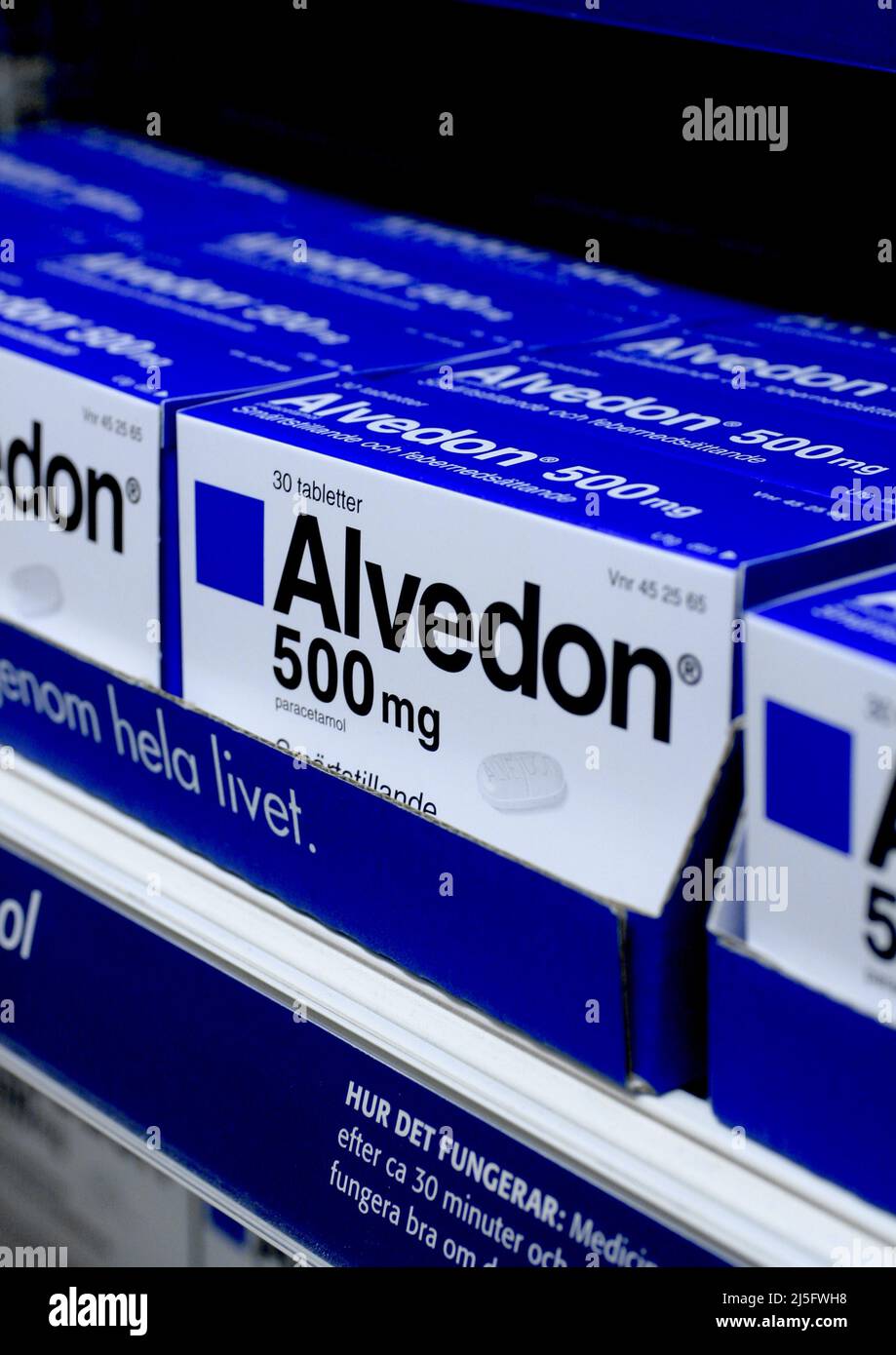 Different kinds of pain relief pills photographed in a pharmacy. Here ...