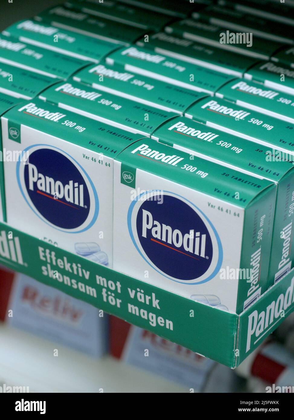 Different kinds of pain relief pills photographed in a pharmacy. Here ...