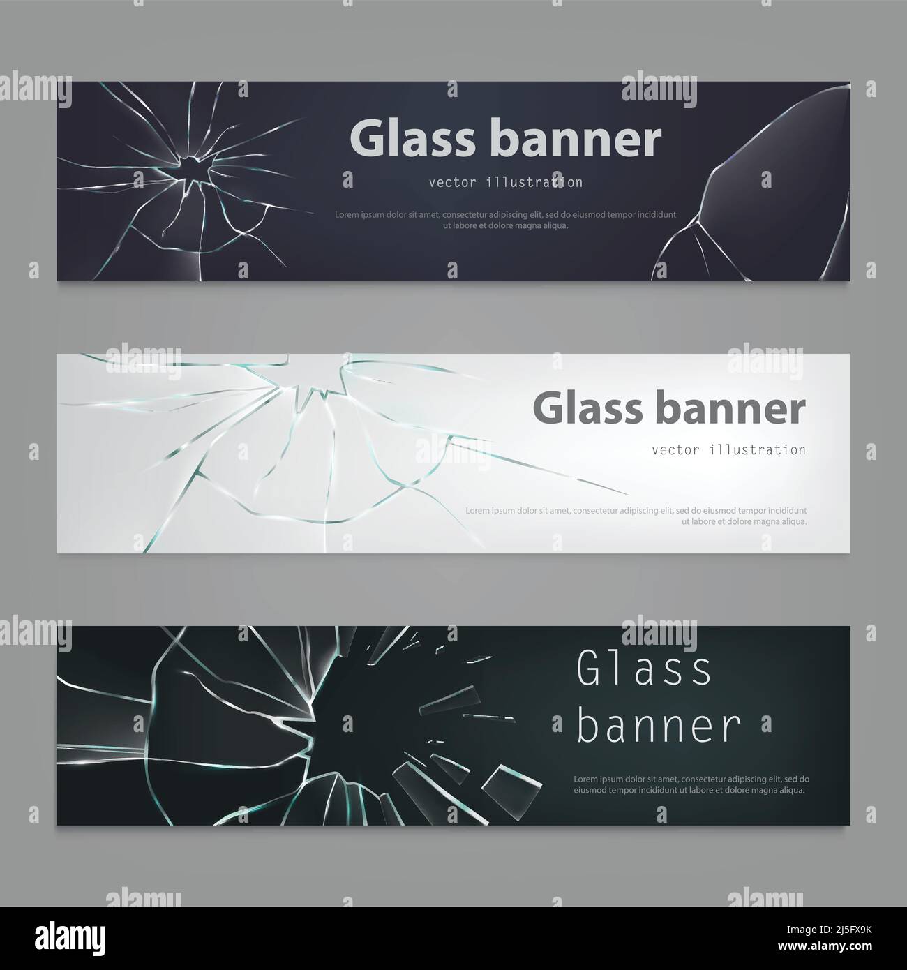 Set of vector illustrations of broken glass banners , broken, cracked glass in realistic style ...