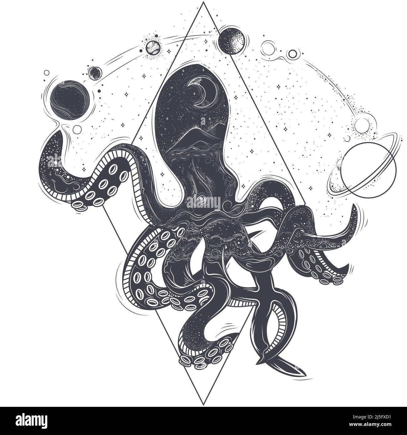 Vector geometric illustration of an octopus and cosmic planets on the ...