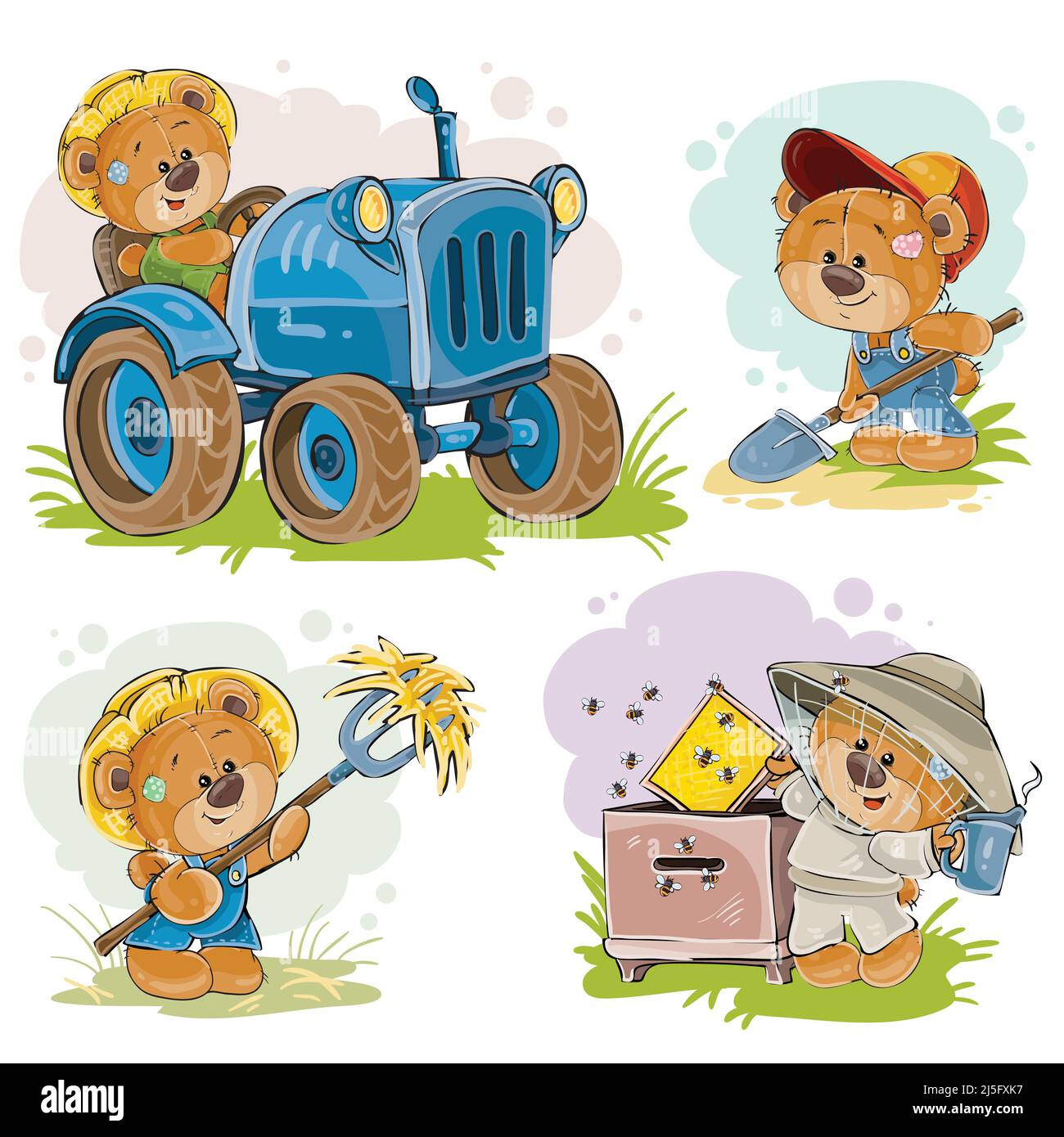 Set of vector clip art illustrations of a teddy bear on a tractor ...