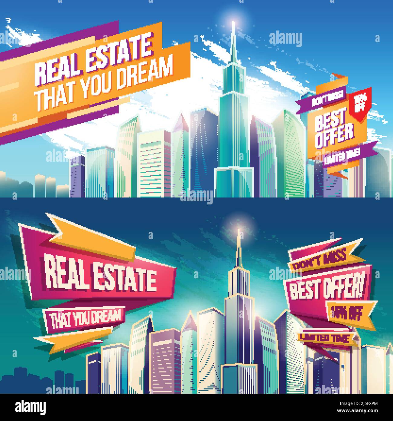 Set of vector cartoon illustrations, banners, urban backgrounds with ...