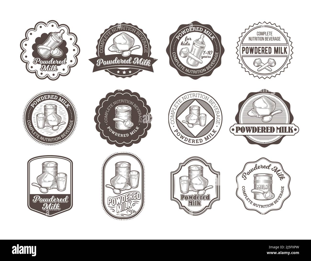 Set of vector illustrations, badges, stickers, labels for milk powder ...