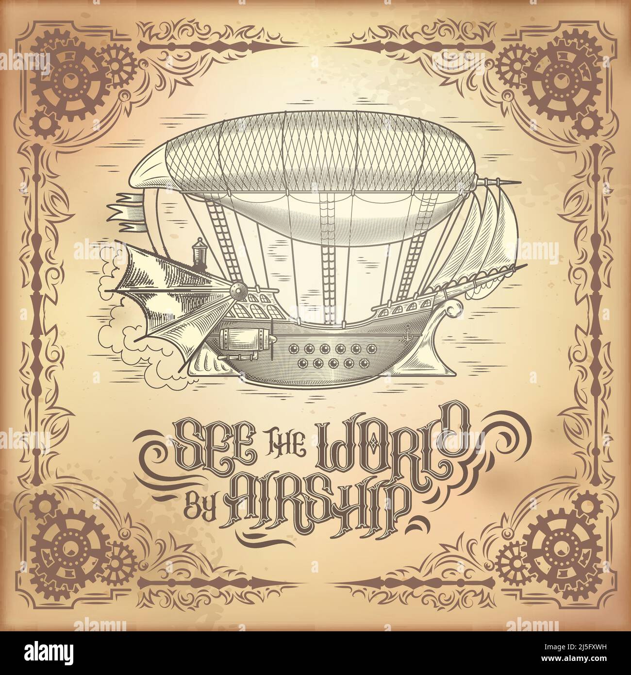 Vector steampunk poster, illustration of a fantastic wooden flying ship ...