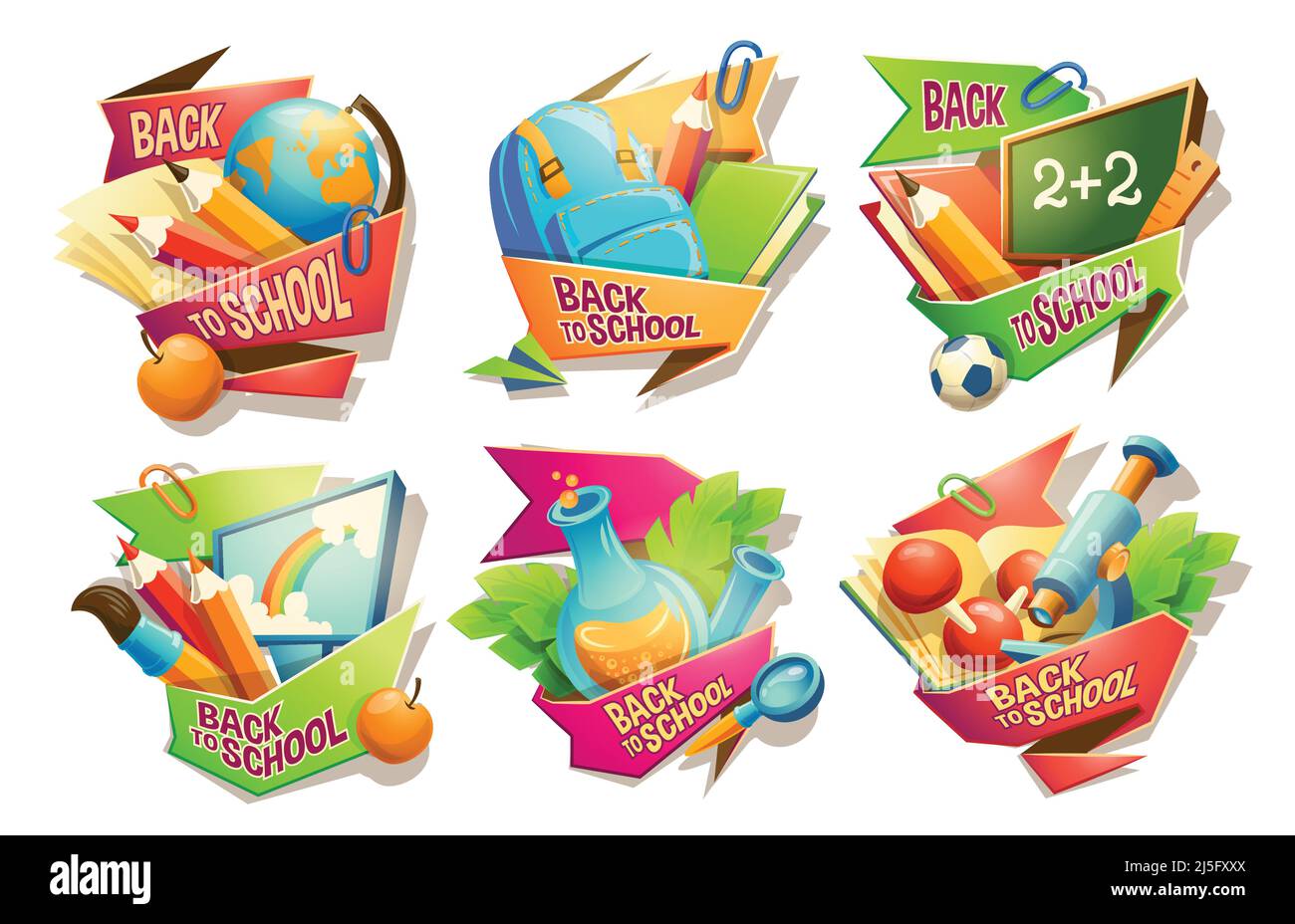 Set of vector cartoon illustrations, badges, stickers, emblems, colored ...