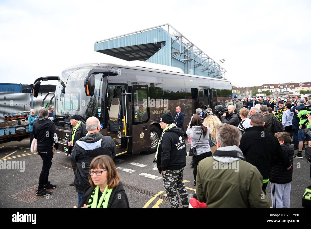 Forest Green Rovers electric team coach arrives for the Sky Bet League ...
