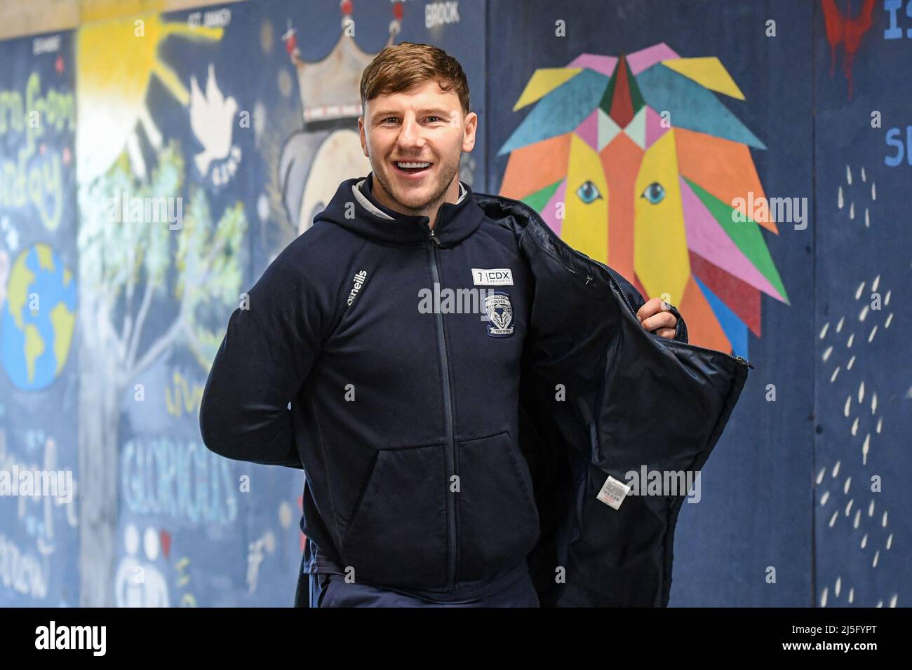 George Williams #7 of Warrington Wolves arrives at the Halliwell Jones ...