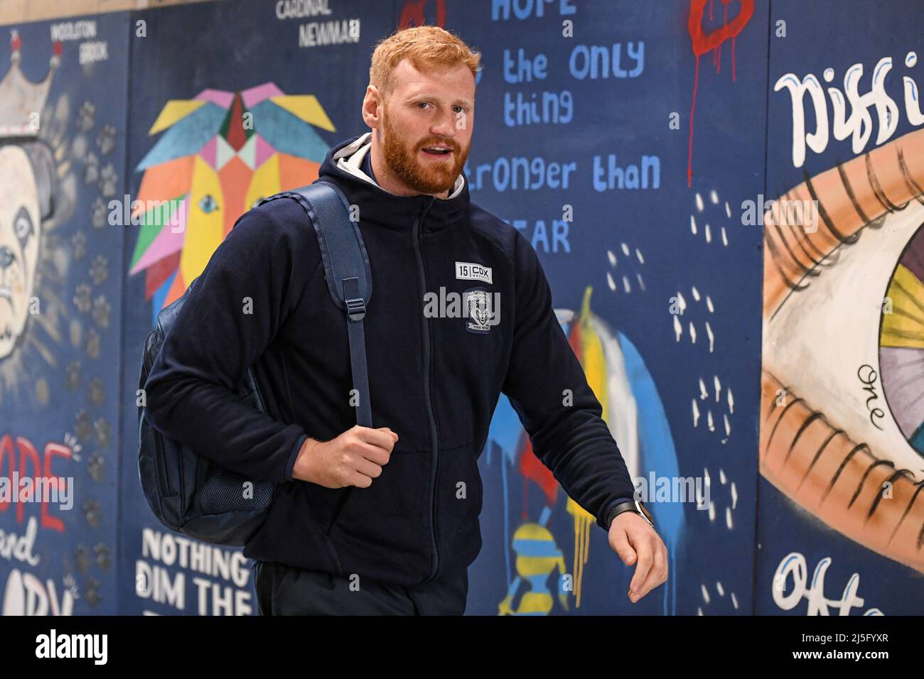 Joe Bullock #15 of Warrington Wolves arrives at the Halliwell Jones ...