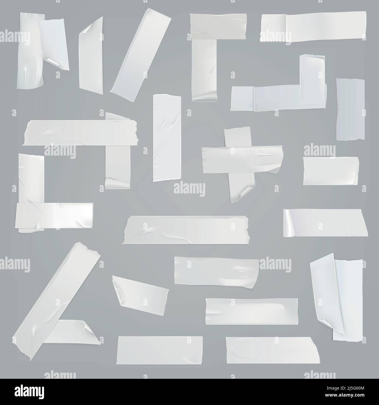 White adhesive tape various pieces with wrinkles, curved and torn edges ...