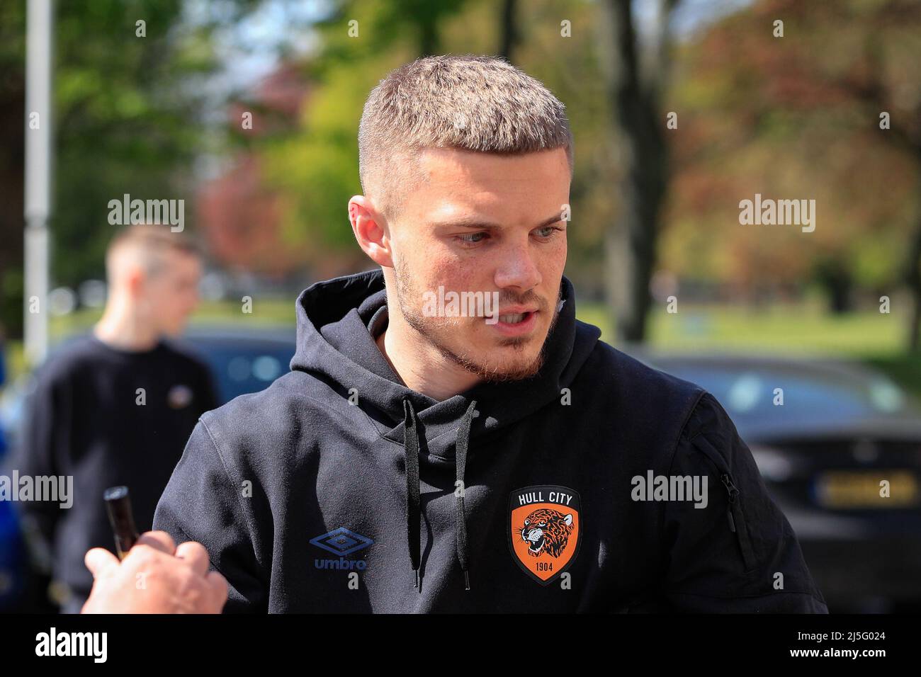 Regan Slater #27 of Hull City arrives at The MKM Stadium ahead of today ...