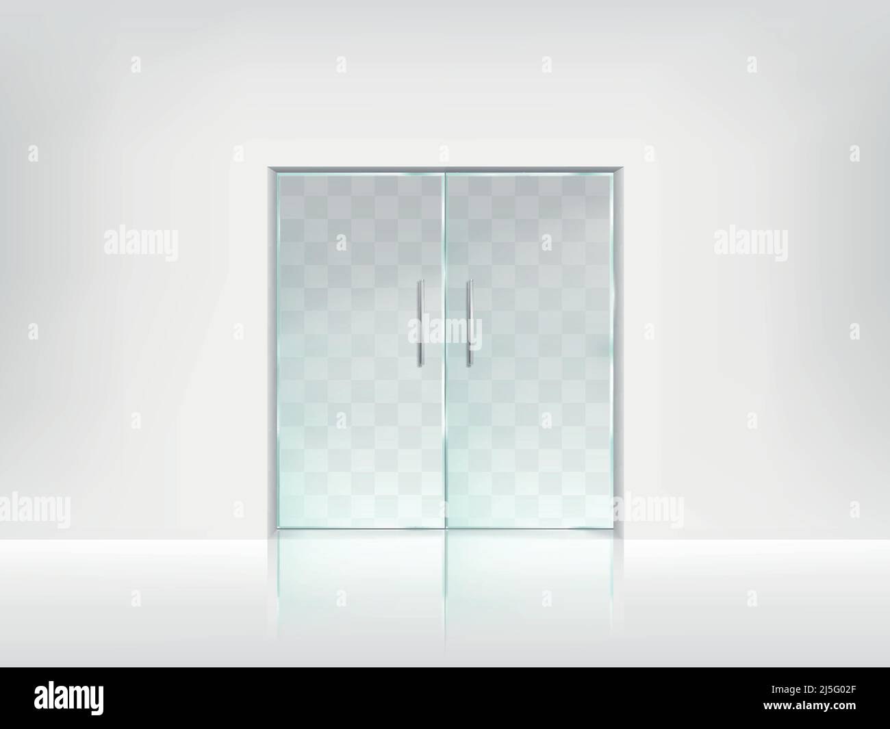 Transparent double glass doors with handles on white wall and glossy ...