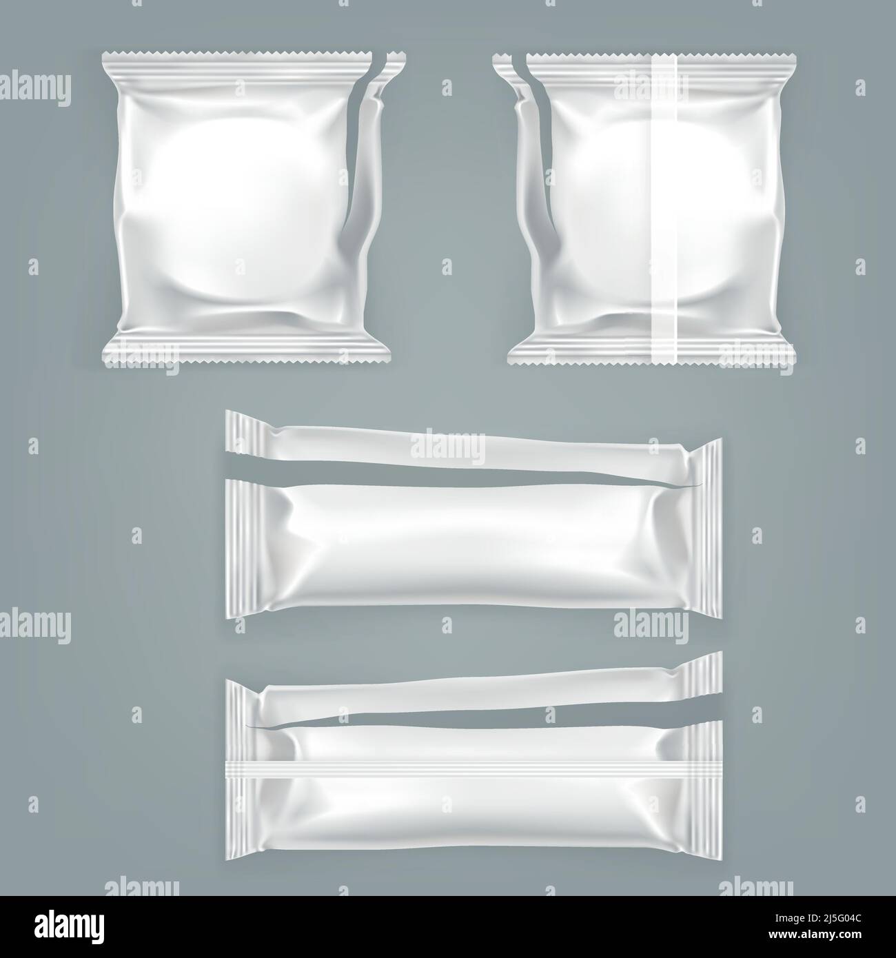 Torn plastic or foil square and rectangular food packages isolated ...
