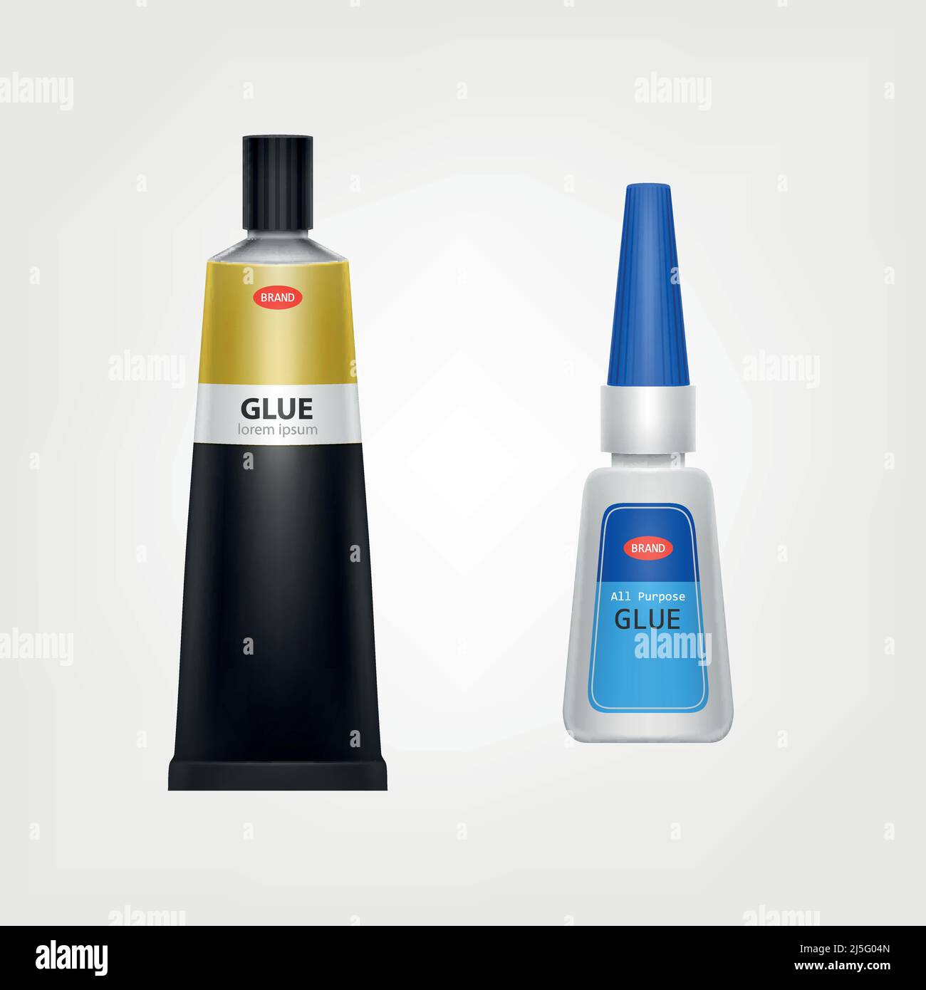 Branded metal and plastic glue tubes with label and product information ...