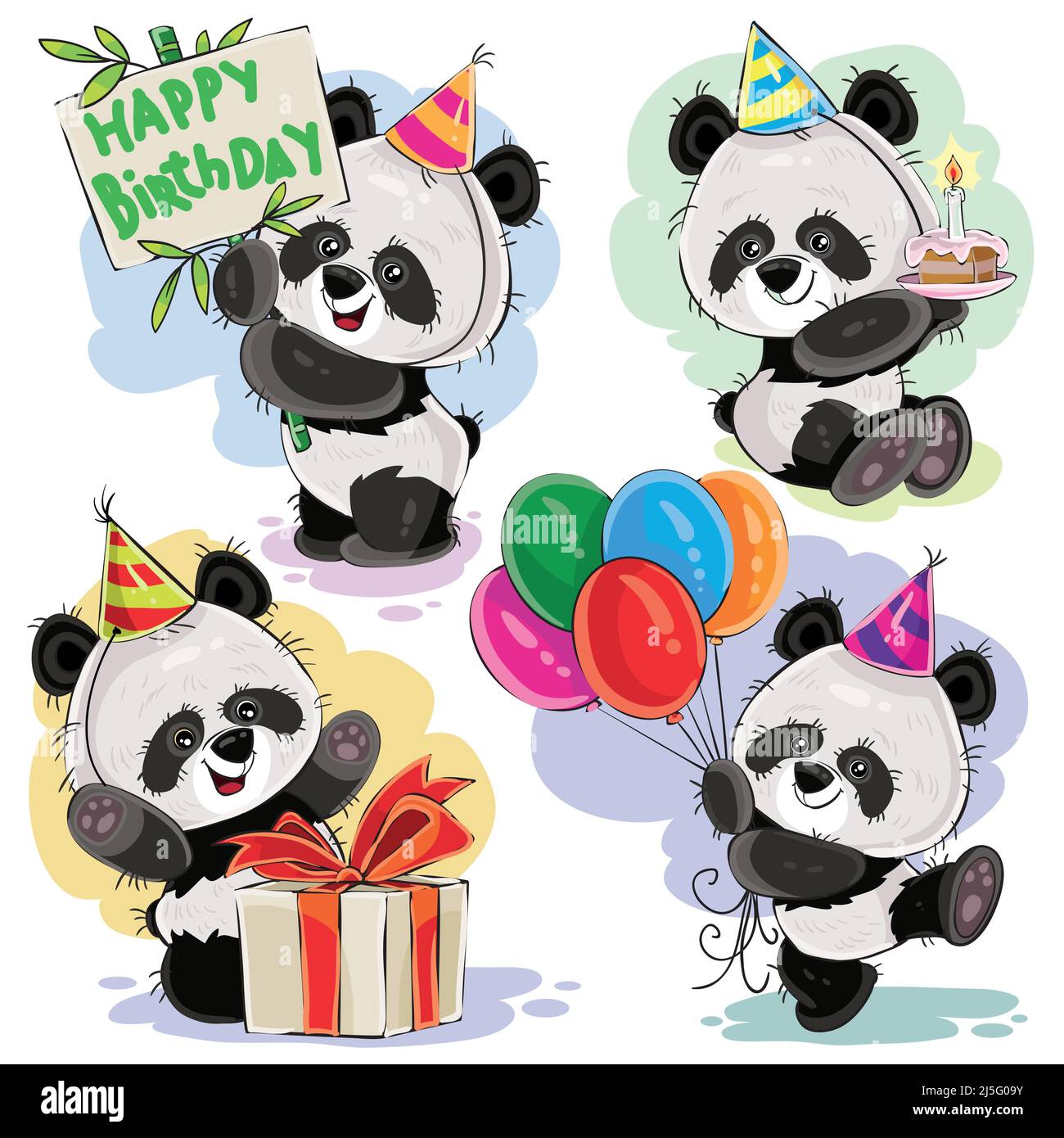 Cute panda bears baby cartoon characters celebrating birthday with cake ...