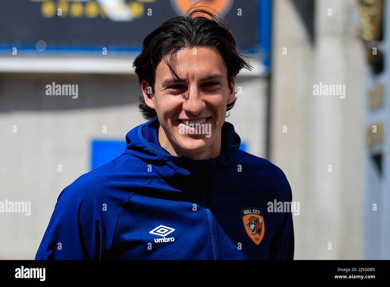 Alfie Jones #5 of Hull City arrives at The MKM Stadium ahead of today's ...