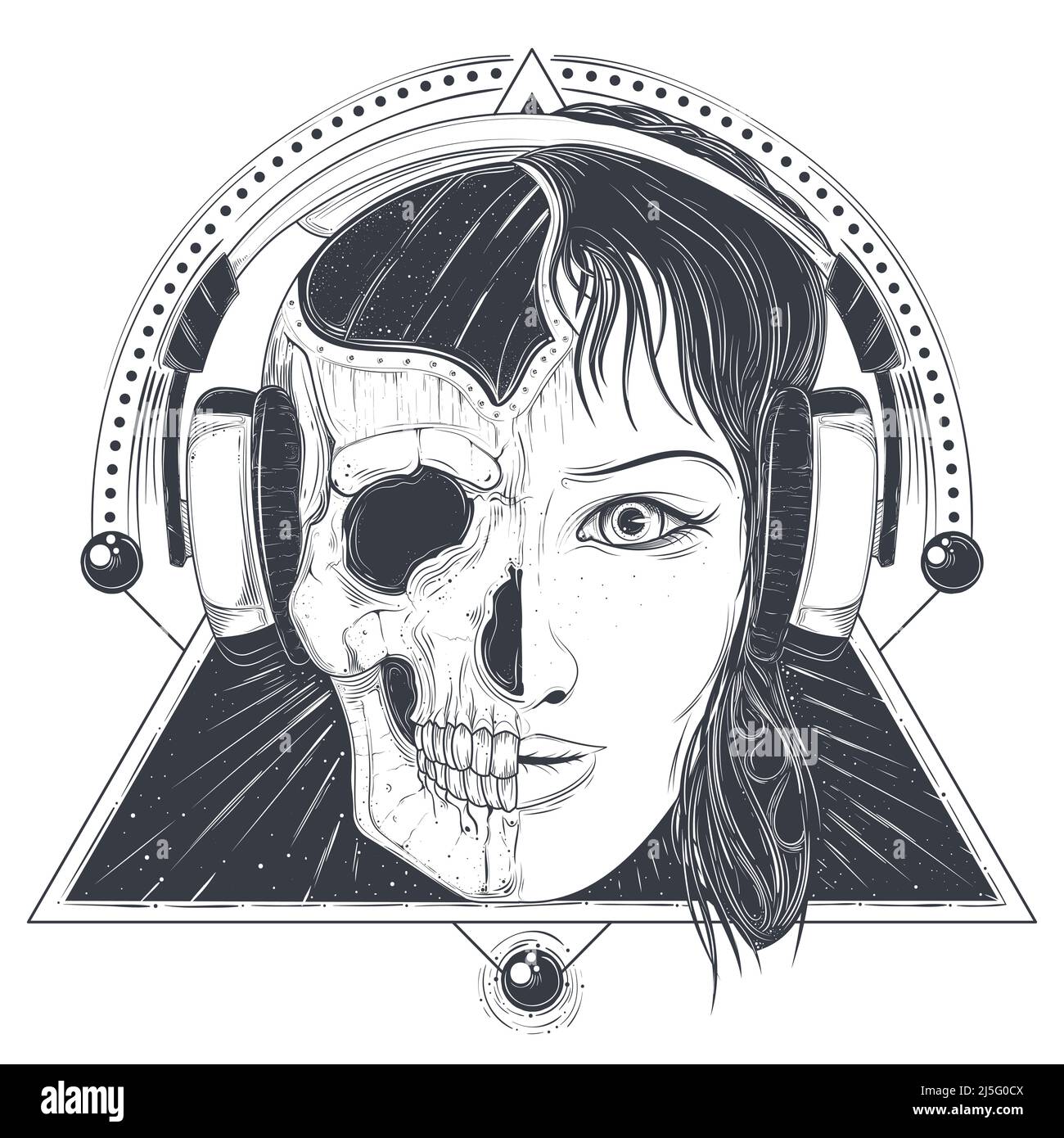 Vector illustration of a template for a tattoo, woman face and skull ...