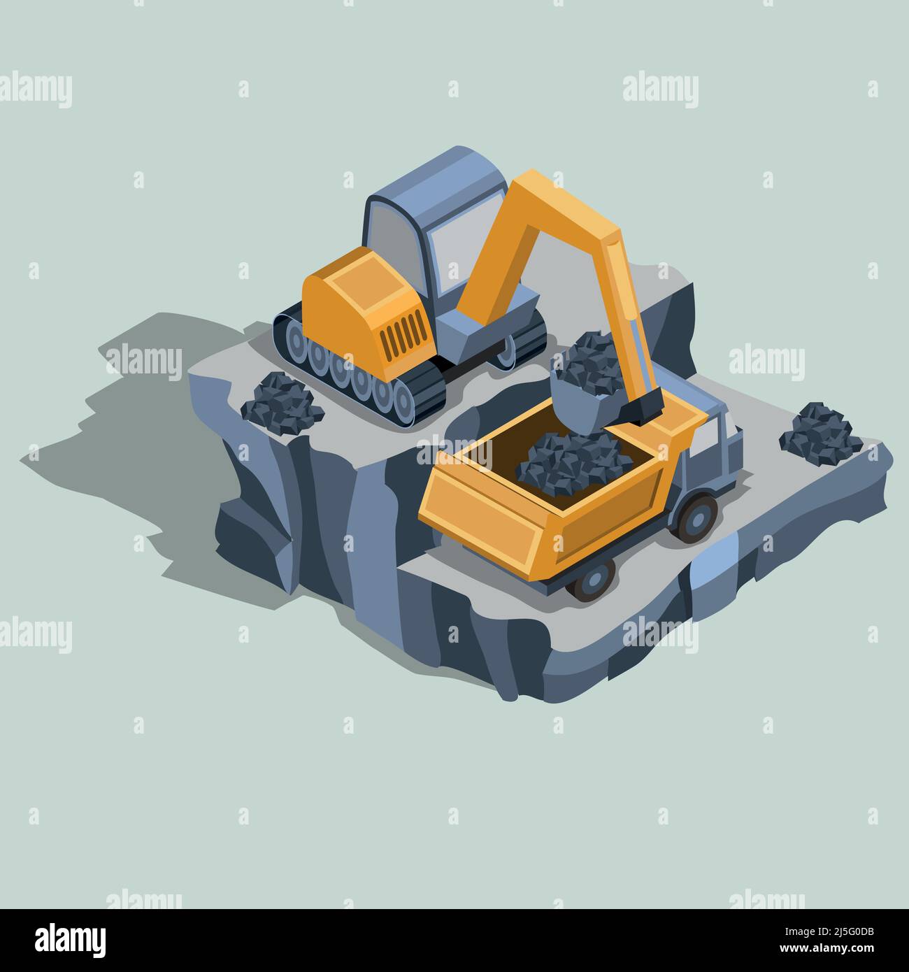 Mining excavator loads coal in a dump truck, mining equipment, quarry ...