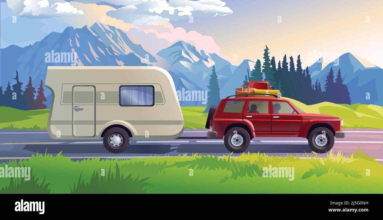 Vector illustration of a mountain landscape with coniferous forest and ...