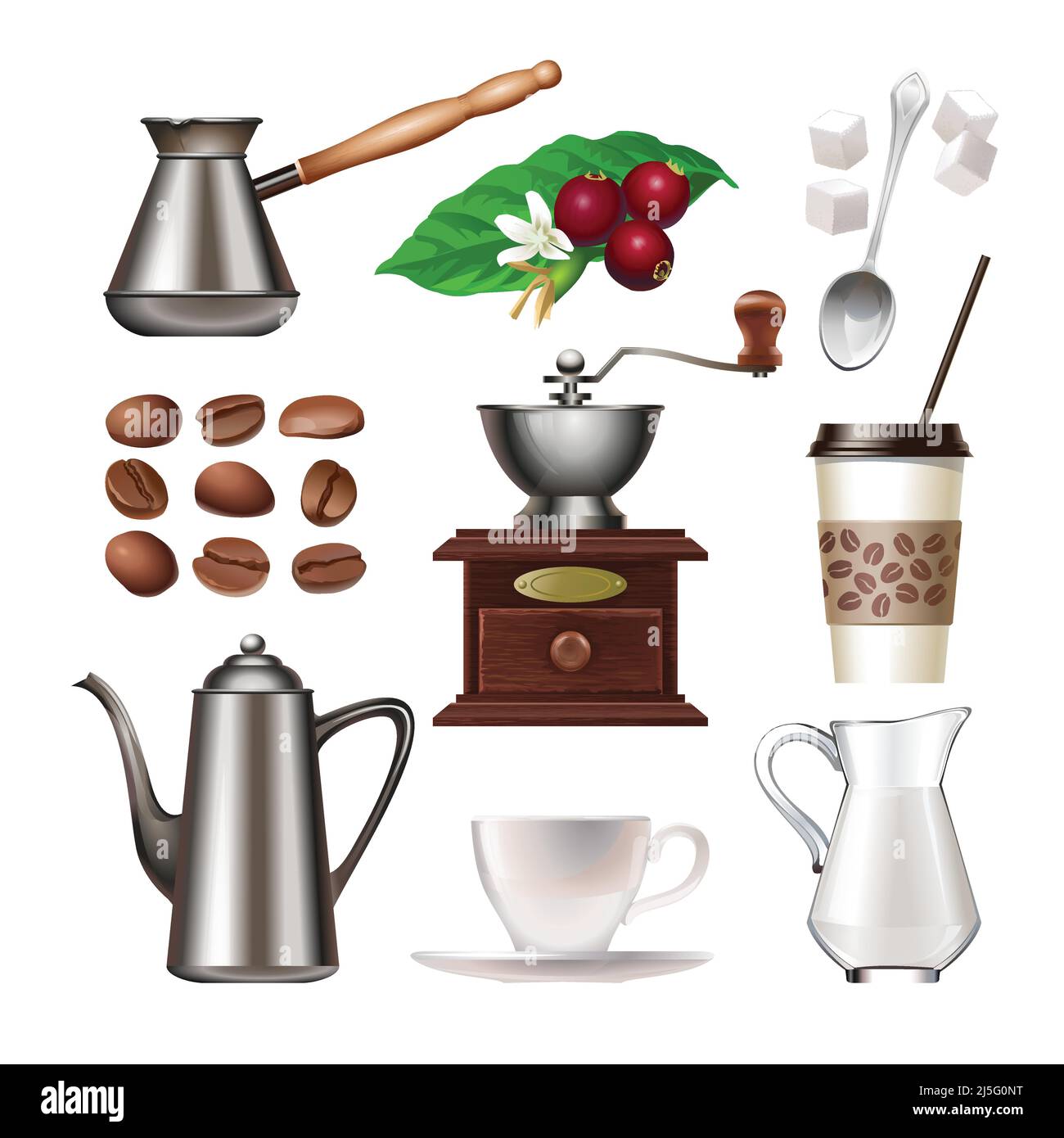 Vector set of icons - coffee berries and grains, Turk, hand mill ...