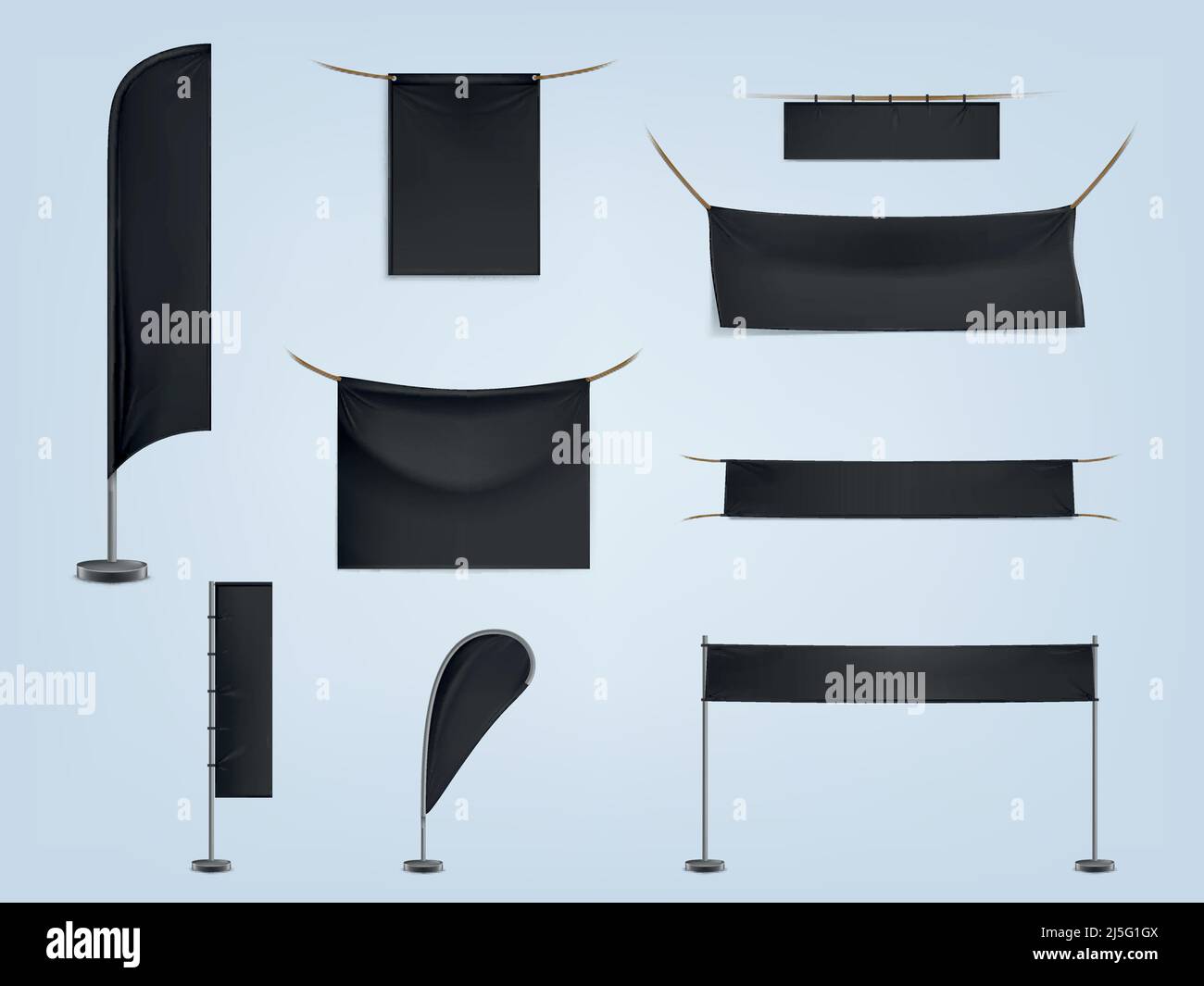 Vector set of black blank textile banners or flags, horizontal and ...