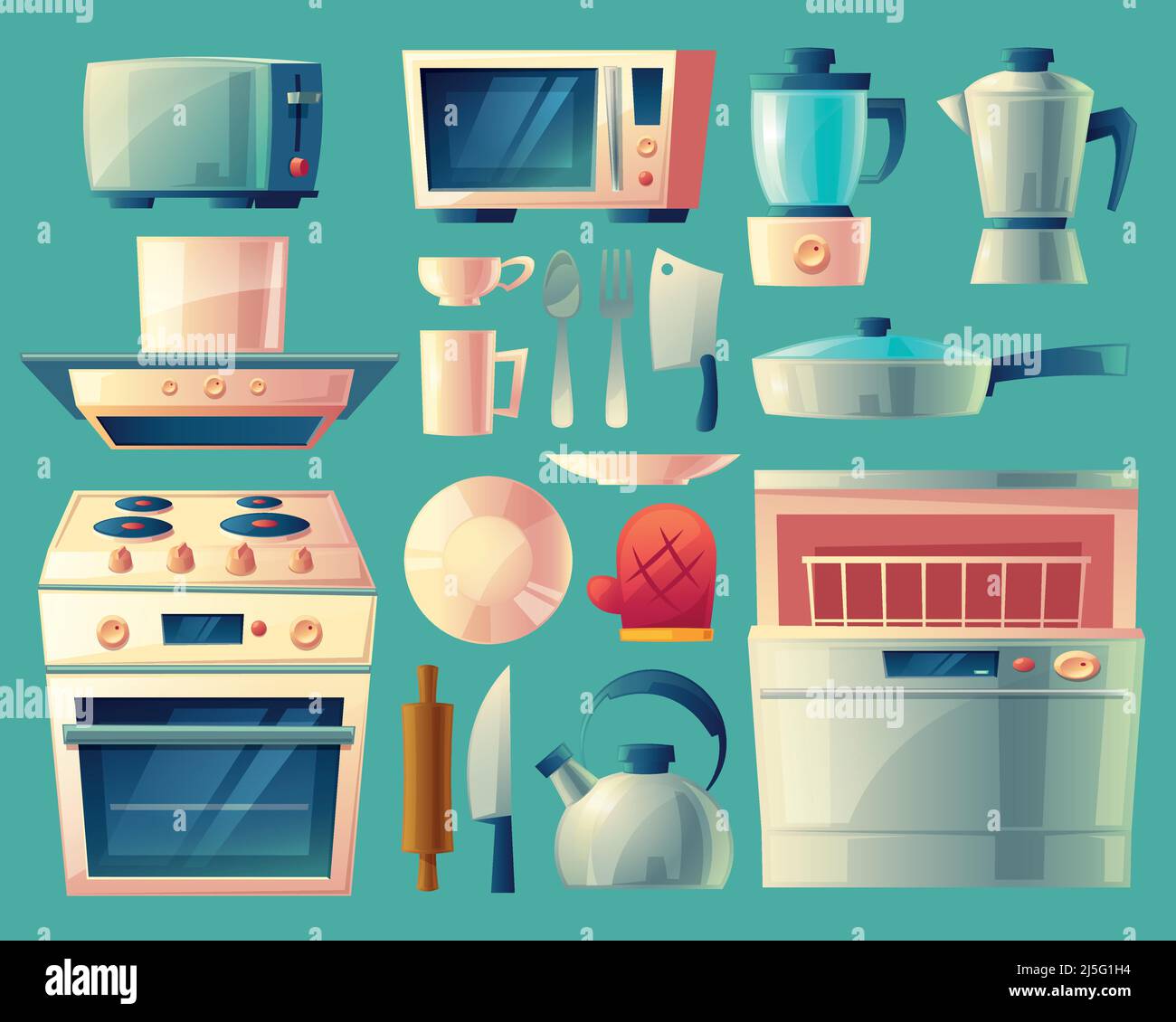 Vector cartoon set of kitchen appliances - washing machine, toaster ...