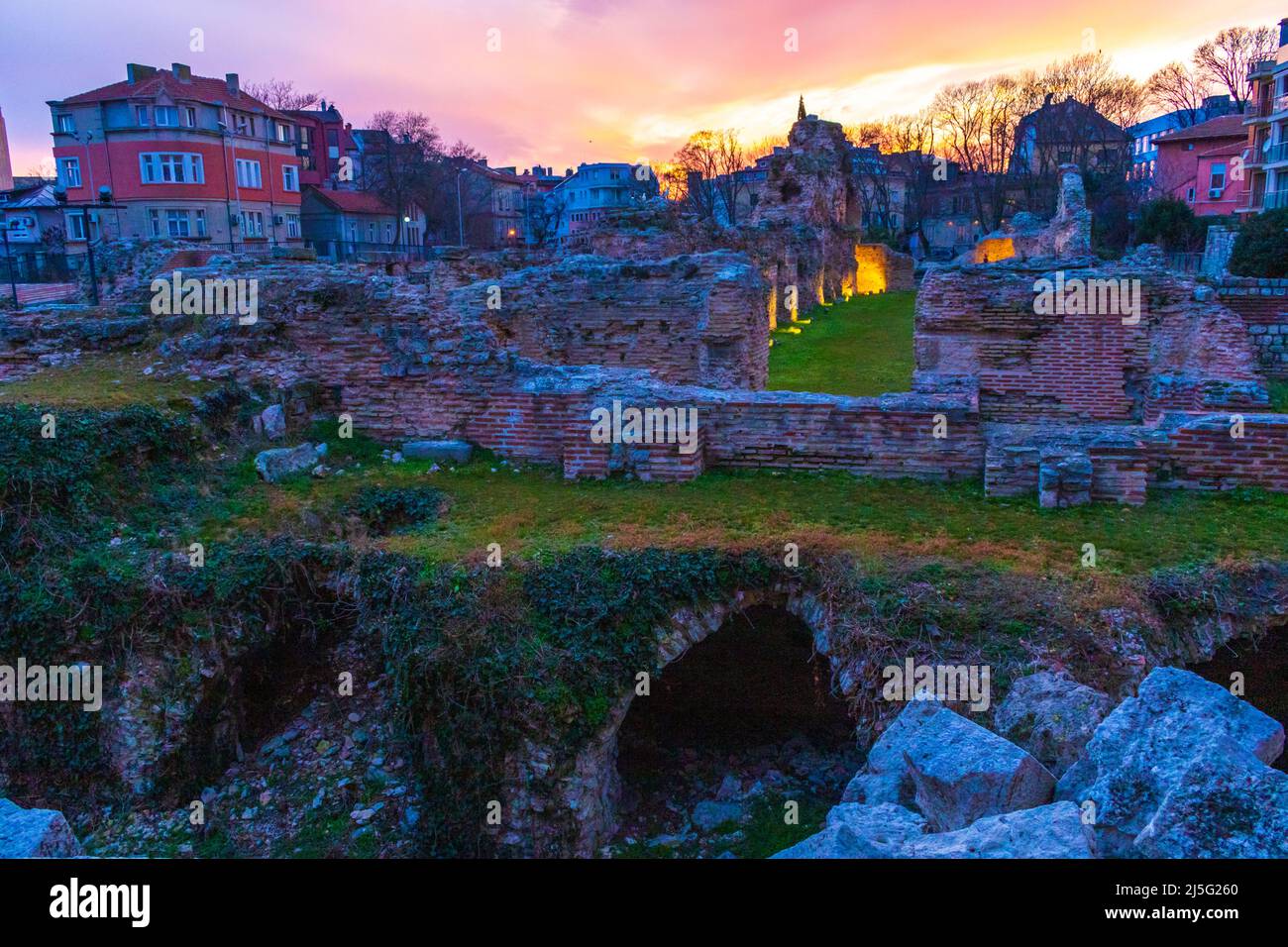 Night view of the ruins of the Roman Thermae in Varna, Bulgaria.The ...