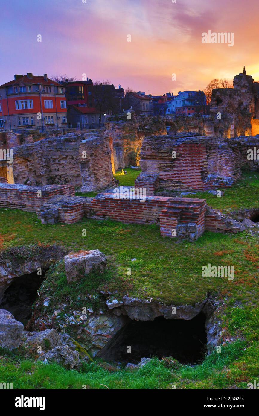 Night view of the ruins of the Roman Thermae in Varna, Bulgaria.The ...