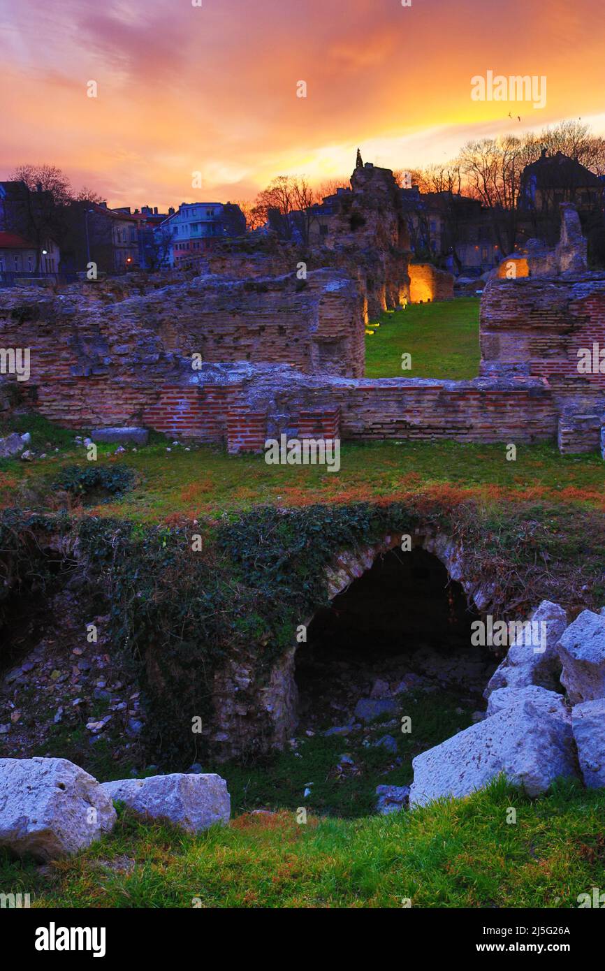 Night view of the ruins of the Roman Thermae in Varna, Bulgaria.The ...