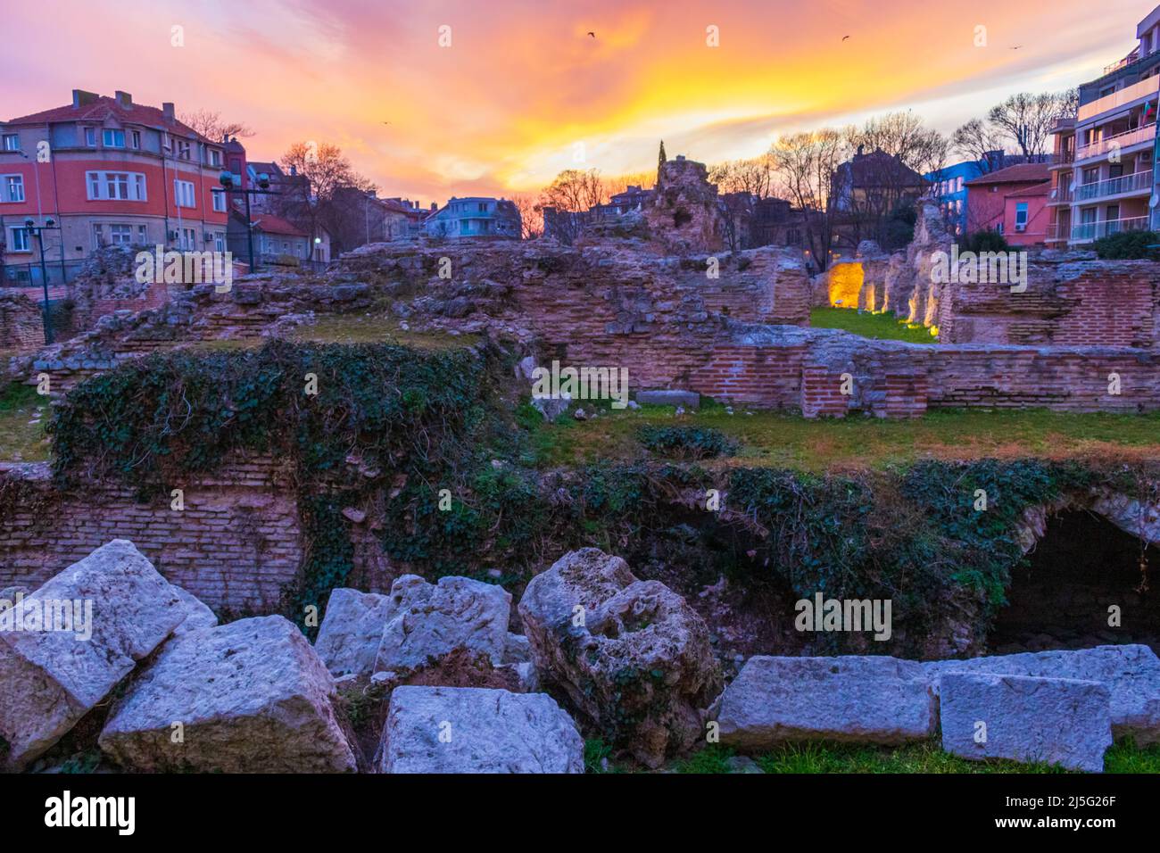 Night view of the ruins of the Roman Thermae in Varna, Bulgaria.The ...