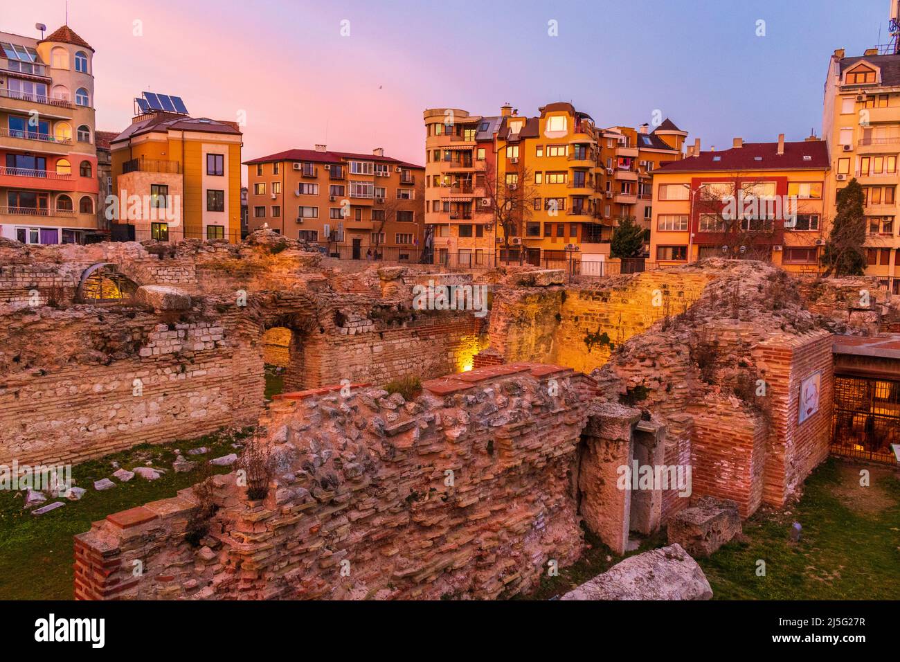 Night view of the ruins of the Roman Thermae in Varna, Bulgaria.The ...