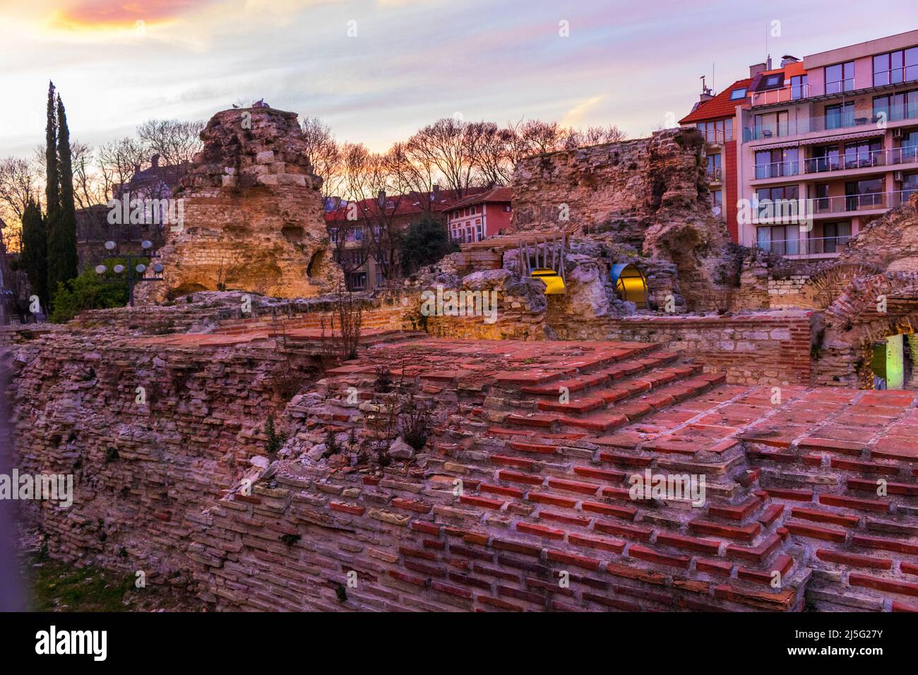 Night view of the ruins of the Roman Thermae in Varna, Bulgaria.The ...