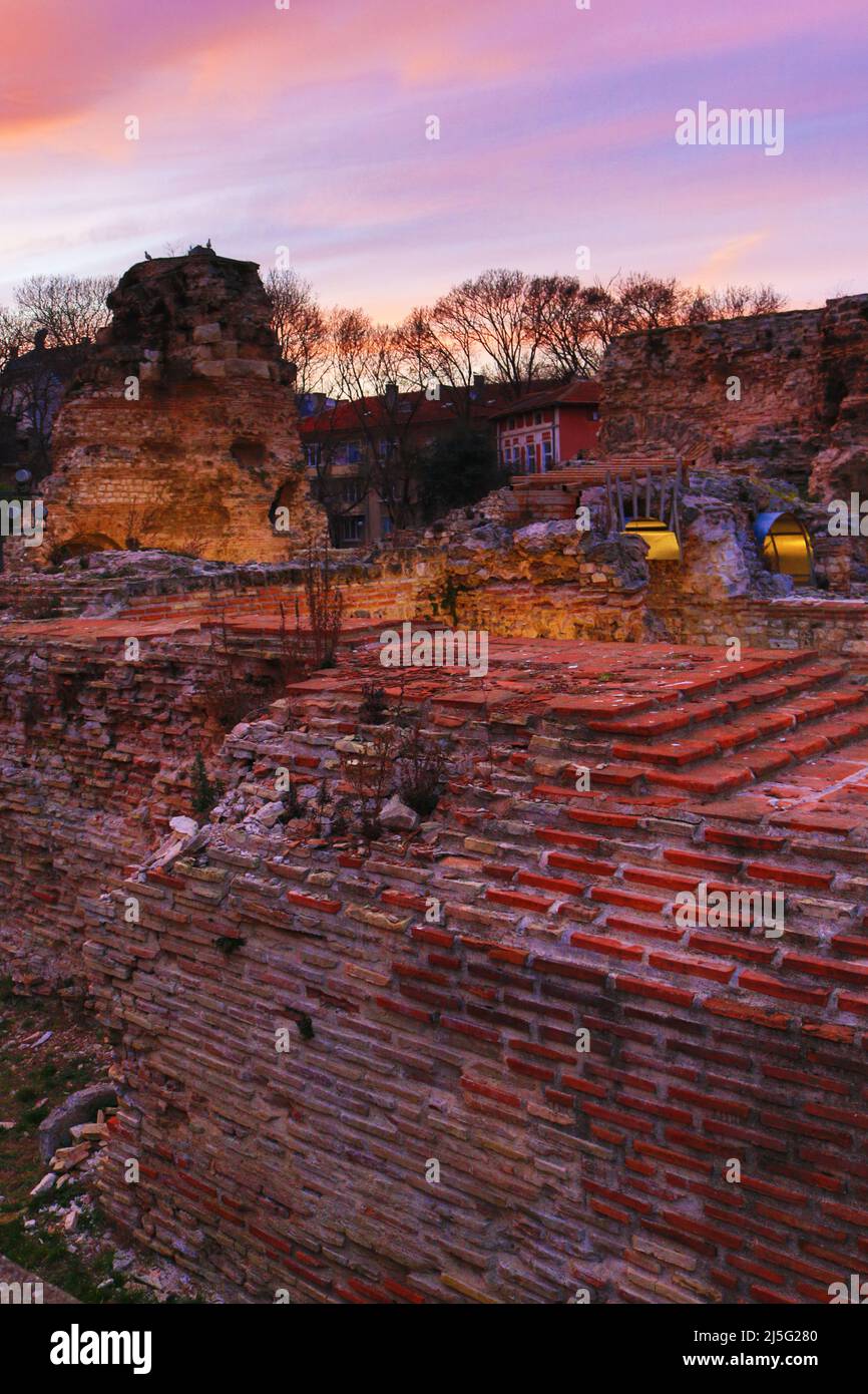 Night view of the ruins of the Roman Thermae in Varna, Bulgaria.The ...