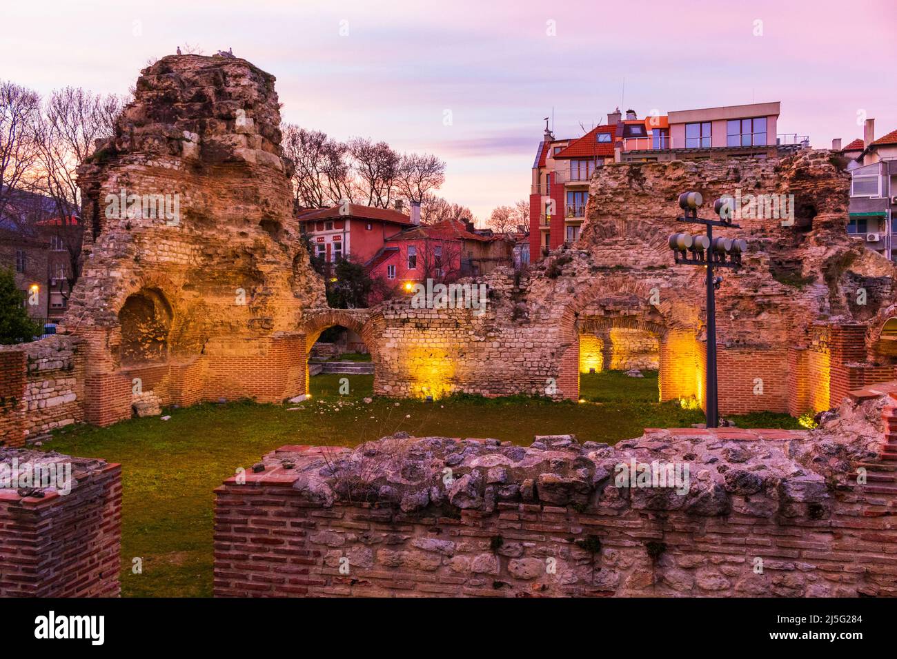 Night view of the ruins of the Roman Thermae in Varna, Bulgaria.The ...