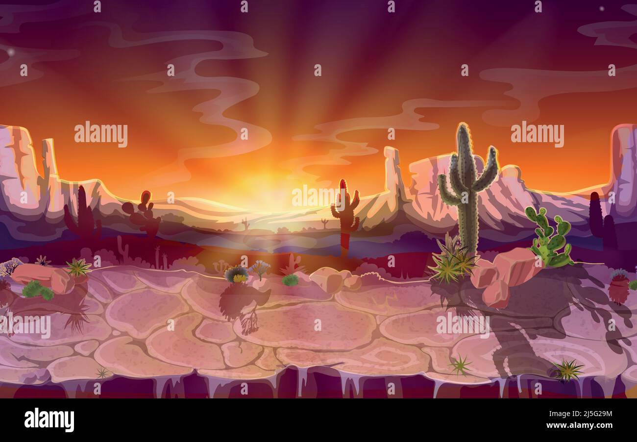 Vector cartoon desert landscape, seamless horizontal game background ...
