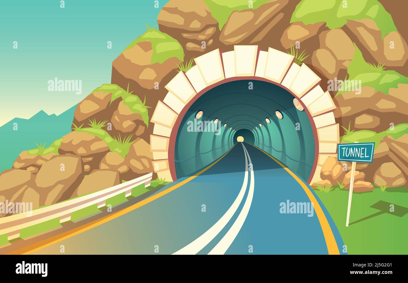Vector cartoon illustration of tunnel, highway. Grey asphalt with road ...