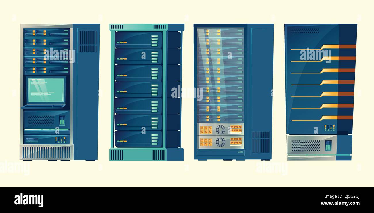 Vector set of various cartoon server racks, database room, data center ...