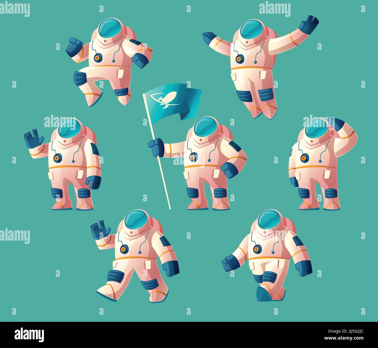 Vector set of cartoon spaceman, moving cosmonaut in spacesuit, helmet ...