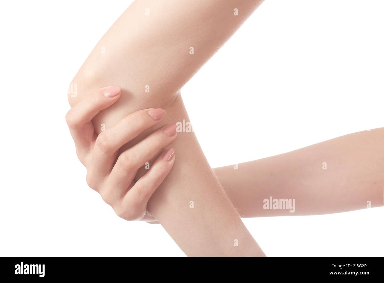 female hand makes elbow massage, holds bruised sore elbow isolated on ...